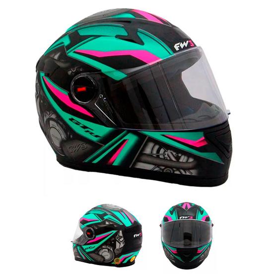 Capacete Fechado Fw3 GTN R1 Cor Preto Fosco Verde e Rosa Tamanhos 56 58 ...