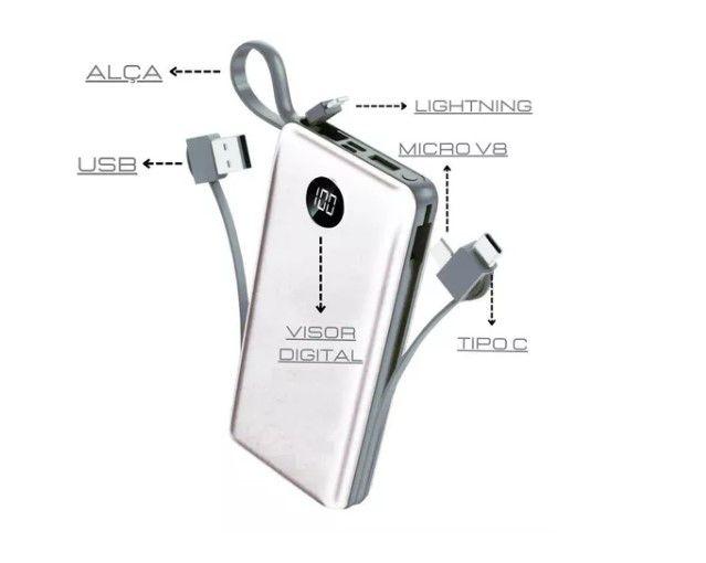 Carregador Portátil Power Bank 20000mAh Universal com Cabo V8 Lightning e Tipo C Bateria Externa ...