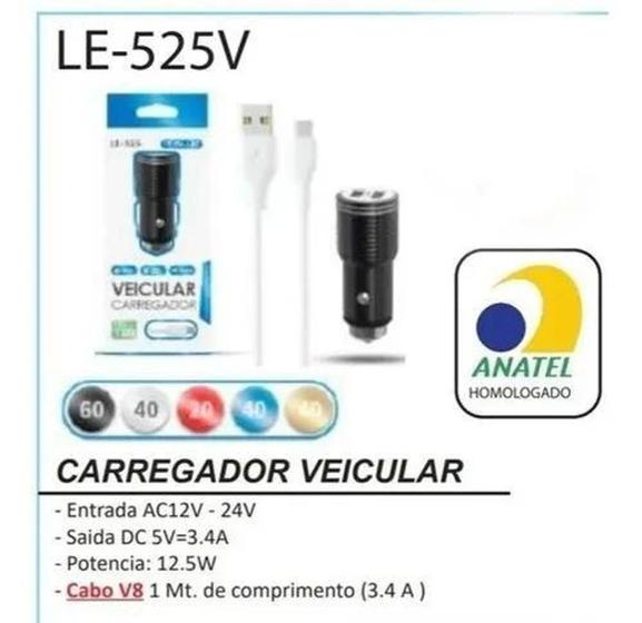 Carregador Veicular Cabo V8 Turbo 3.4A LE-525V - LELONG - Carregador Veicular para Celular ...