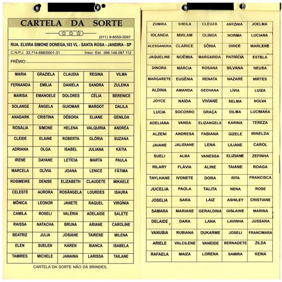 Cartela de RIFA com 200 Nomes Cartela da Sorte - Cartela de Bingo - Magazine Luiza