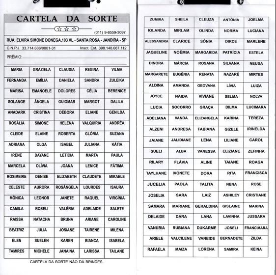 Cartela de RIFA com 200 Nomes Cartela da Sorte - Cartela de Bingo - Magazine Luiza