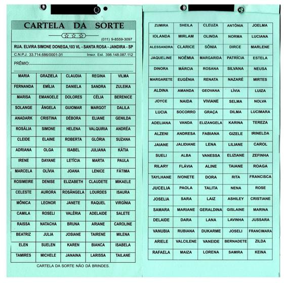 Cartela de RIFA com 200 Nomes Cartela da Sorte - Cartela de Bingo - Magazine Luiza