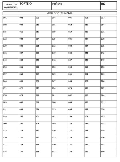 Cartela de rifa com 600 números - CartelasRifa - Rifa - Magazine Luiza