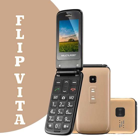 Celular Flip Vita Multilaser Dual Chip MP3 Dourado - P9043 - Celular Básico - Magazine Luiza