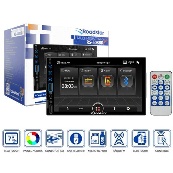 Central Multimídia 2 din MP5 7 pol RS508BR Plus Touch Bluetooth USB Espelhamento Android e iOS ...