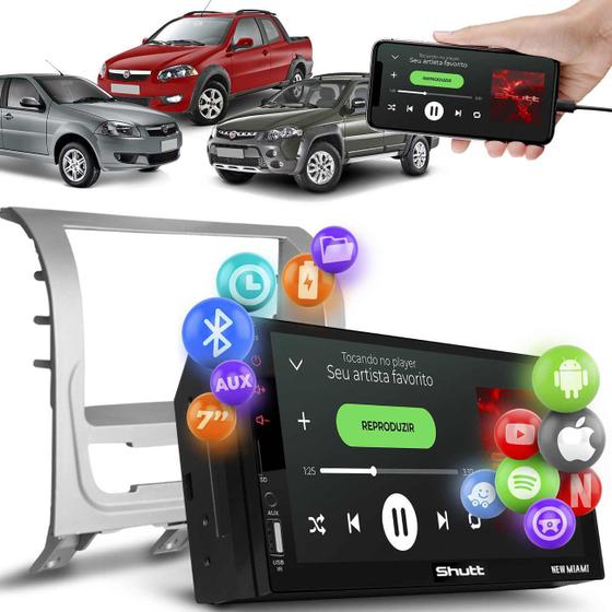 Central Multimídia MP5 Moldura Prata 2 Din Palio Weekend Siena Strada 7" Bluetooth USB New Miami ...