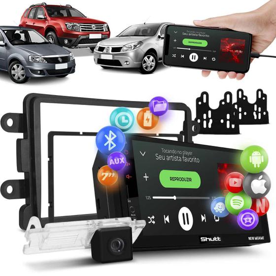 Central Multimídia MP5 Moldura Preta 2 Din Duster Sandero Logan 7" BT New Miami + Câmera de Ré ...