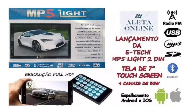 Central Multimídia Mp5 P/carro 7 Polegada Etech Light Fullhd - E-tech - Central Multimídia para ...