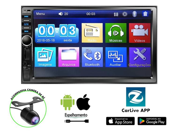 Central Multimidia Para Carro Mp5 2 Din Player 7 Pol Espelhamento Celular Bluetooth Usb ...