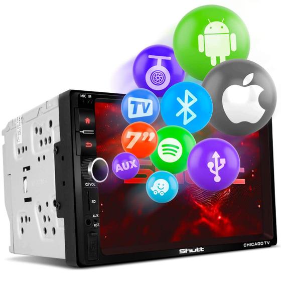 Central Multimídia Shutt Chicago 2 Din 7" TV Touch Bluetooth Espelhamento Android Iphone USB SD ...
