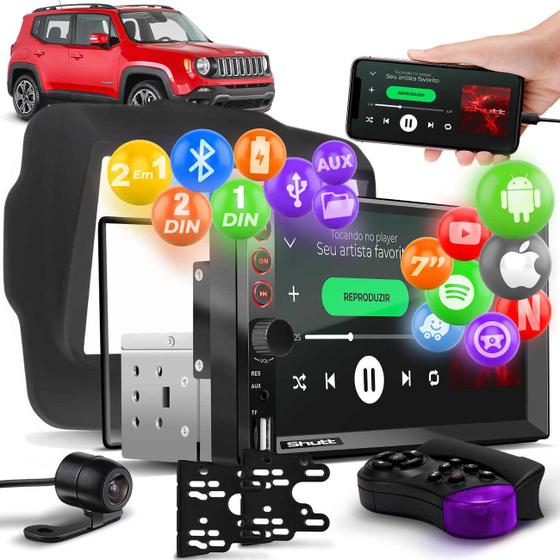 Central Multimídia Shutt Chicago MP5 1Din 2Din BT Espelha + Moldura Painel Jeep Renegade ...