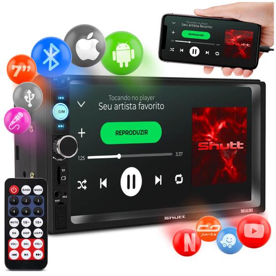 Central Multimídia Shutt Miami 2 Din 7" Bluetooth Espelhamento Android Iphone Waze Spotify USB ...