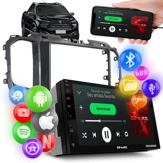 Central Multimídia Toro 2016 2017 2018 2019 2 Din 7" Espelha Android IOS New Miami + Moldura ...