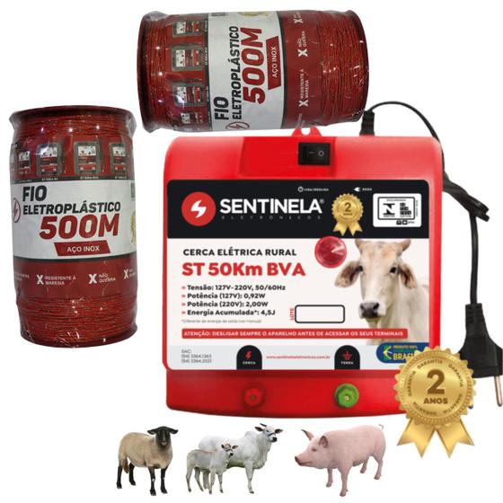 Cerca Elétrica Eletrificador Rural ST 50 Km BV E Fio Eletroplástico 1000 Metros - Sentinela ...