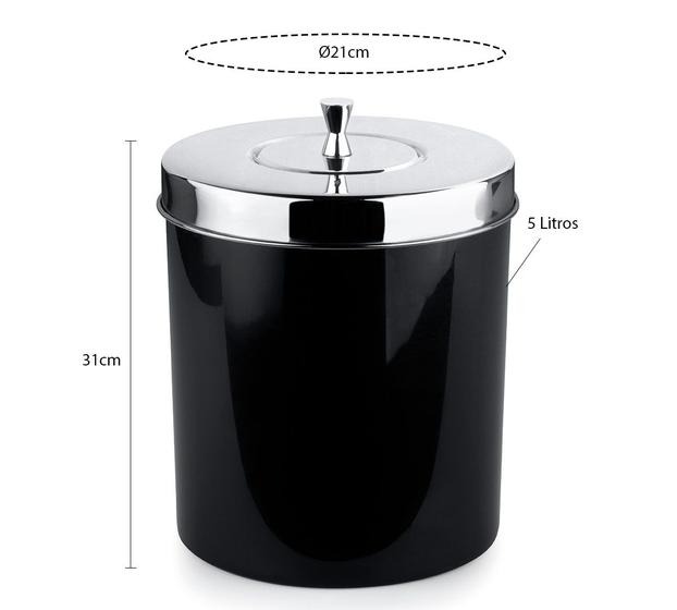 Cesto Lixo Preto Tampa Prateada Em Inox Banheiro Cozinha 5L - Forma ...