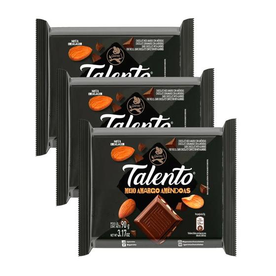 Chocolate Garoto Talento Meio Amargo Amêndoas 90g Kit com três unidades ...