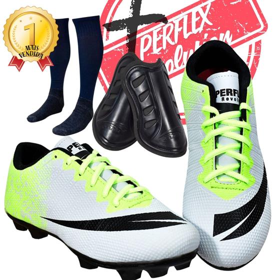 Chuteira Campo Adulto Infantil com meião e caneleira Colada e Costurada - PERFLEX - Chuteira ...