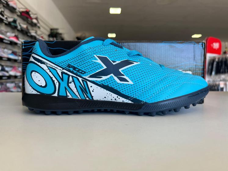 Chuteira oxn speed 5 society pro pvc adulto - ciano/branco/marinho ...