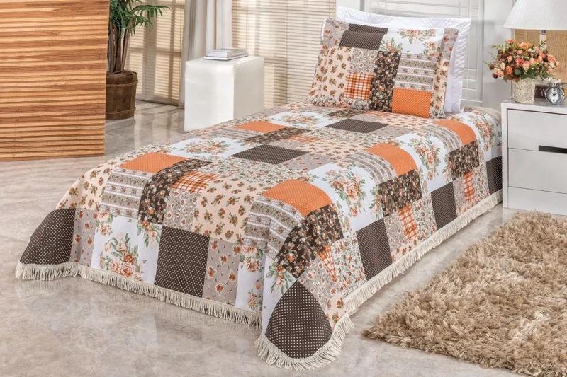 Cobre Leito Colcha Para Cama de Solteiro Patchwork Piquet Laranja - Casa Pedro - Cobre-Leito e ...
