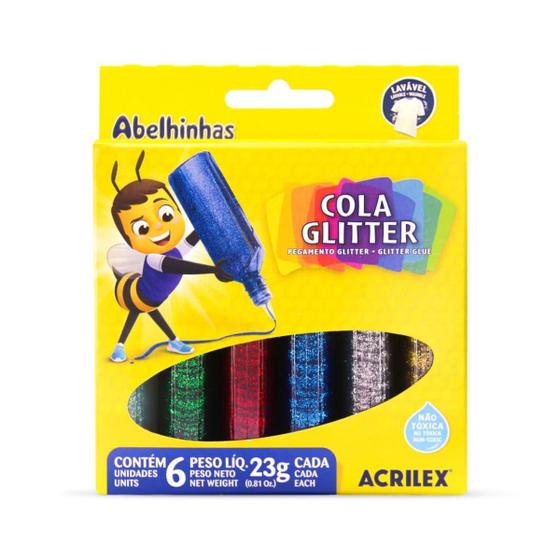Cola colorida glitter Acrilex com 6 unidades de 23g - Cola Glitter ...