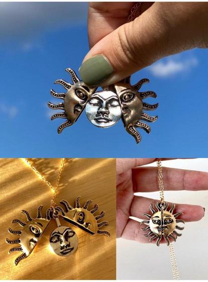 Colar Sol e Lua Cheia - Relicário - Hippie Artesanatos - Colar ...