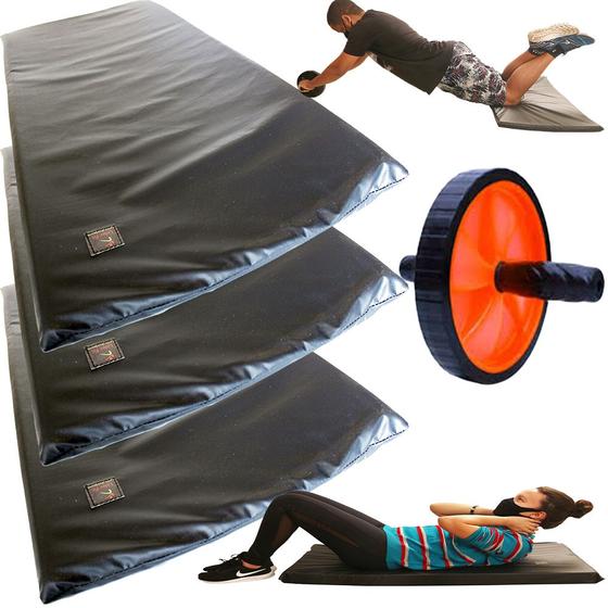 Colchonete Academia Ginastica 3 Unidades + Rodinha Abdominal Roda De ...