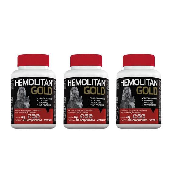 Combo 3 Unidades Hemolitan Gold - 30 Comprimidos - Vetnil - Vitaminas e ...