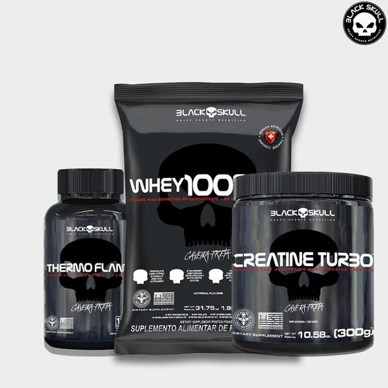 COMBO BLACK SKULL - Whey 100% HD Refil 900g + Termogênico + Creatina 300g - Kit de Suplementos ...