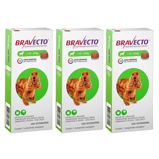 Combo com 3 Bravecto Antipulgas e Carrapatos para Cães de 10kg a 20kg - MSD - Antipulga e ...