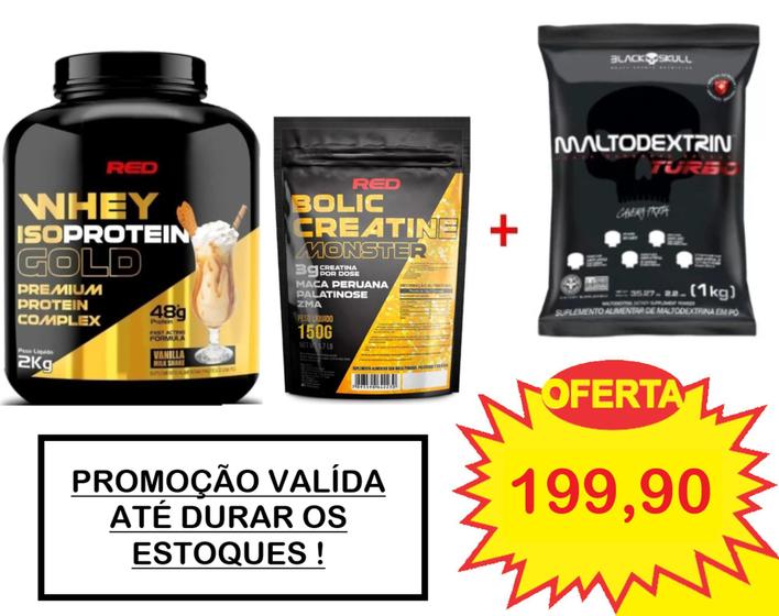 Combo completo whey isoprotein gold 2kg + creatina 150 g + malto ...