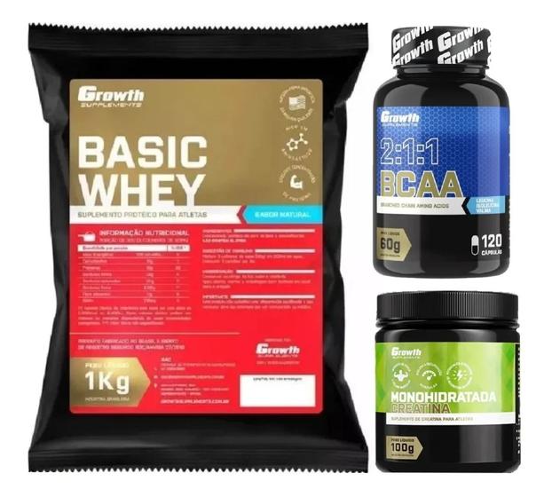 Combo Whey Basic 1Kg + Bcaa 120 Caps + Creatina 100g Growth - Growth Supplements - Kit de ...