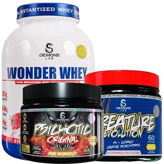 Combo Wonder Whey 900g + Pré Treino Psichotic Original 150g + Creatina Creature Evolution 300g ...