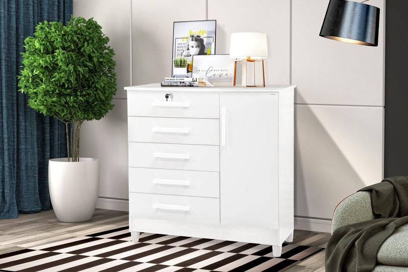 Comoda Com 5 Gavetas e 1 Porta Vitória Branco Rud Rack - Cômoda ...