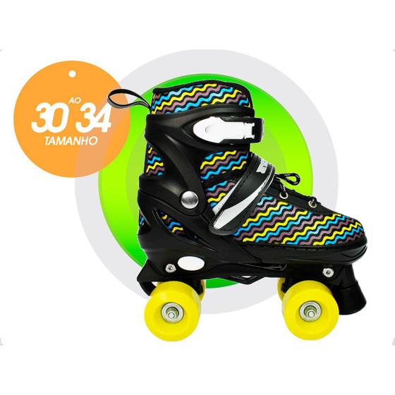 COMP Patins Squad Infantil 4 Rodas Roller 30 ao 34 + Kit Proteção Preto ...