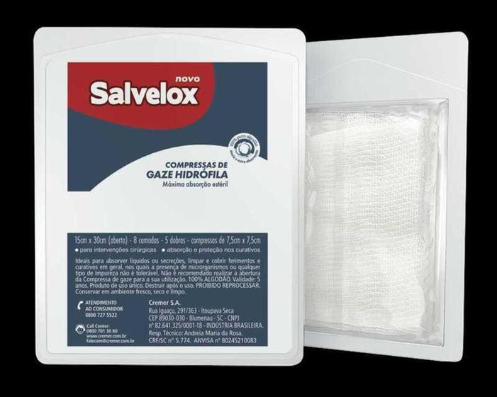 Compressa gaze salvelox hidr 11f 7,5x7,5cm 5 unidades - cremer - Gaze ...