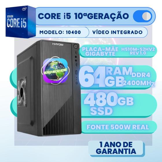 Computador Home Core i5 10400, 64GB DDR4, SSD 480GB, Fonte 500w Real ...