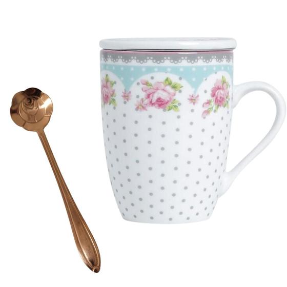 Conjunto Caneca Chá com Tampa e Infusor Porcelana e Colher Rose Gold ...