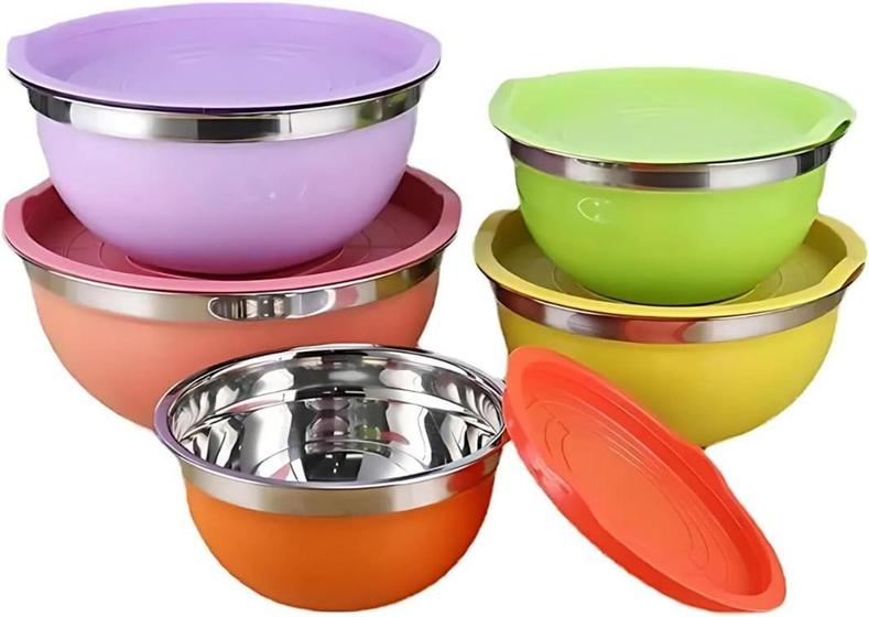 Conjunto de 5 Bowls Tigelas de Inox Coloridos com Tampa Plástica Kit ...