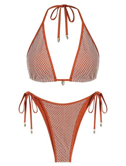 Conjunto de biquíni feminino ZAFUL Triangle Fishnet Multiway Coffee S ...
