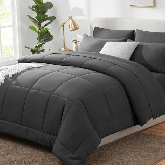 Conjunto de edredom CozyLux Dark Grey, tamanho completo, 7 peças, cama ...