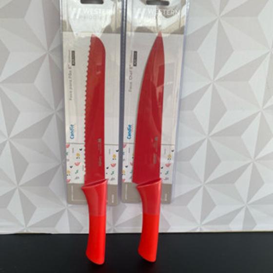Conjunto de facas com 2 peças vermelha faca chefe e faca de pão de inox ...