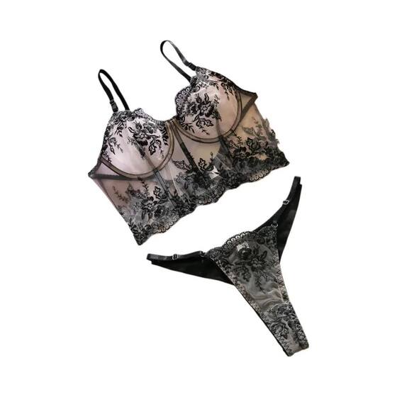 Conjunto De Lingerie Bordada Floral Preta Feminina 2 Peças Sutiã De