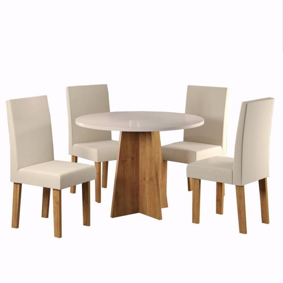 Conjunto de Mesa Redonda Sala de Jantar Slim 0,90m Off White com 4 Cadeiras Bege Suede / Mel ...