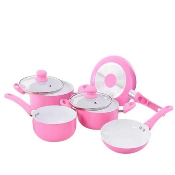 Conjunto de Panelas Rosa Revestidas Cerâmica Antiaderente 5 Peças com ...