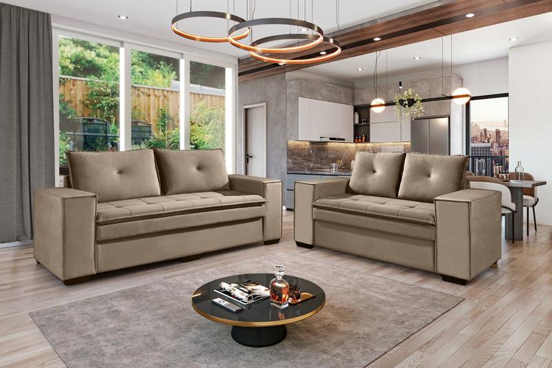Conjunto de Sofá 2 e 3 Lugares Aimores Bege - Lufer - Conjunto de Sofás - Magazine Luiza