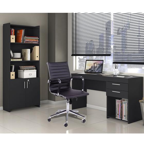 Conjunto Escritório Completo Com Mesa 2 Gavetas, Armário Multiuso Preto ...