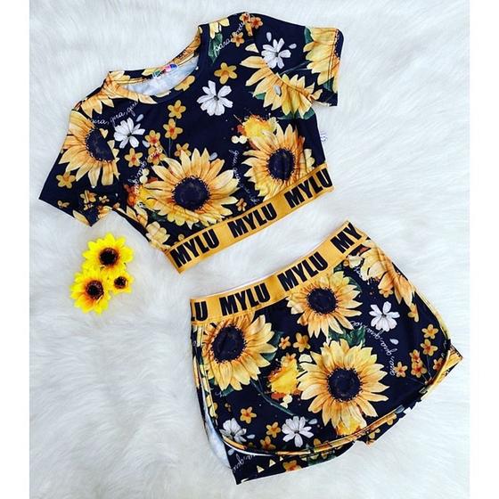 Conjunto Fem Cropped e Short Estampas Girassóis Mylu - Conjunto de ...