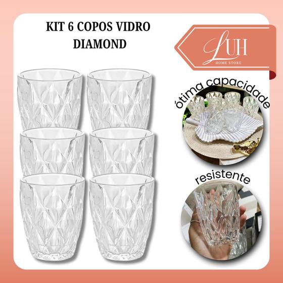 Conjunto Jogo Kit 6 Copos de Vidro Grosso Sofisticado Detalhes Servir Bebidas Suco Água ...