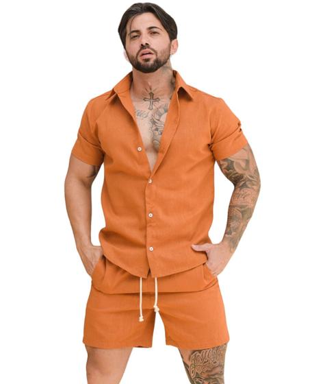 Conjunto Masculino de Linho Camisa Linho botão e Bermuda - Volgue ...