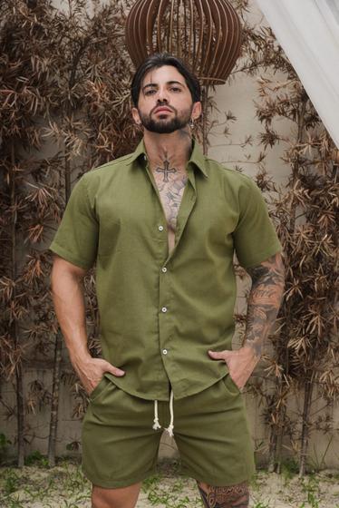 Conjunto Masculino de Linho Social Camisa botão e Bermuda Linho ...